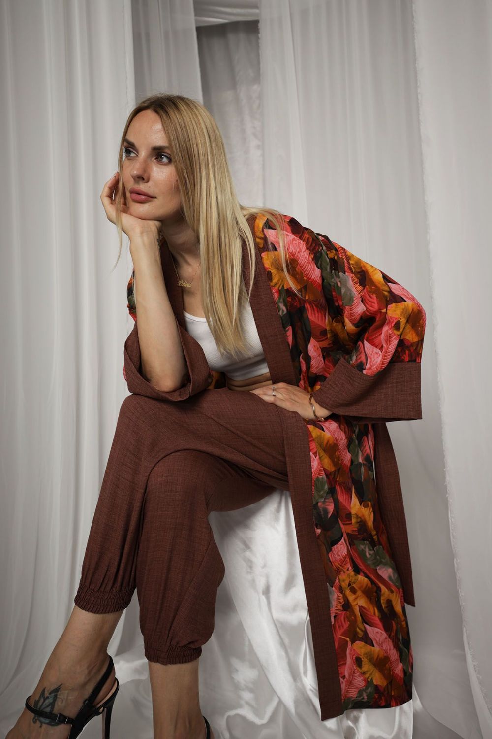 Katre Kök Boya Kumaş Kimono Ve Şalvar Takım - mutlumikrop.com